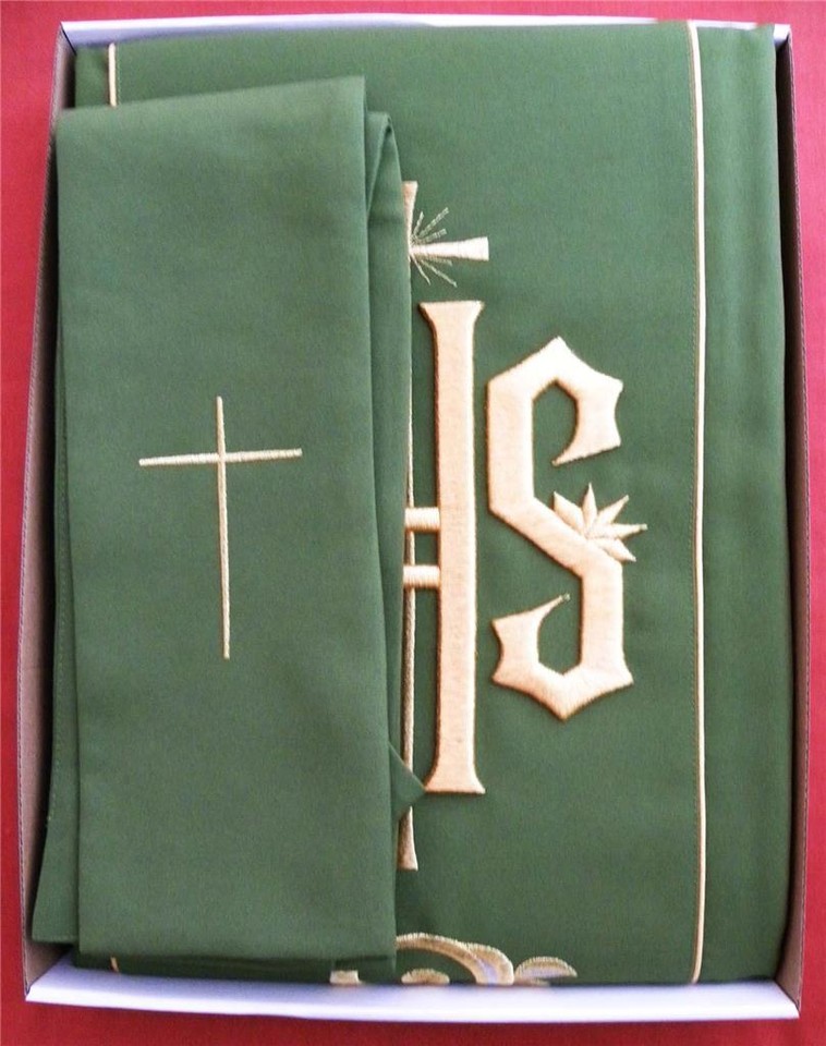 New GREEN EMBROIDERED CHASUBLE & STOLE, Priest Vestments Catholic #031/ ...