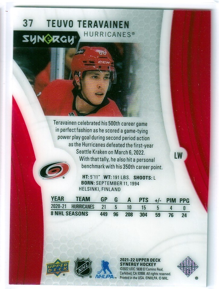 2021-22 Upper Deck Synergy BASE RED Teuvo Teravainen #37 | eBay