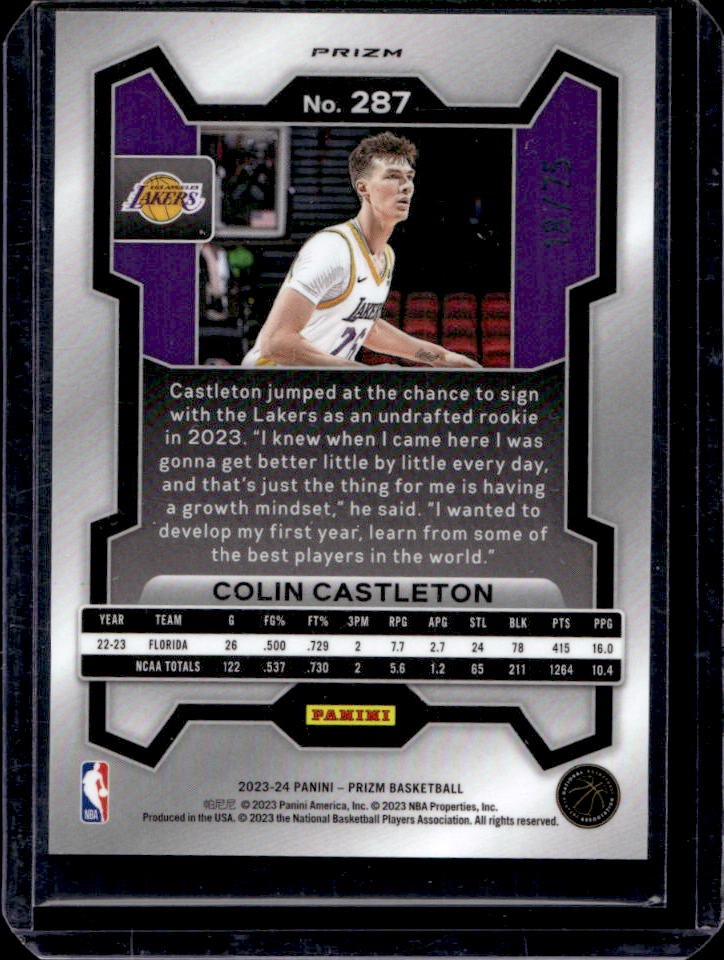 2023-24 Prizm Colin Castleton RC Prizm Fast Break Purple #18/75 Lakers ...