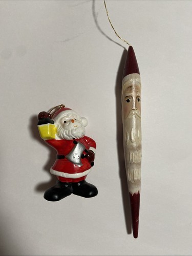 2 Santa Christmas Ornaments Wooden Icicle Santa and Ceramic Santa With ...