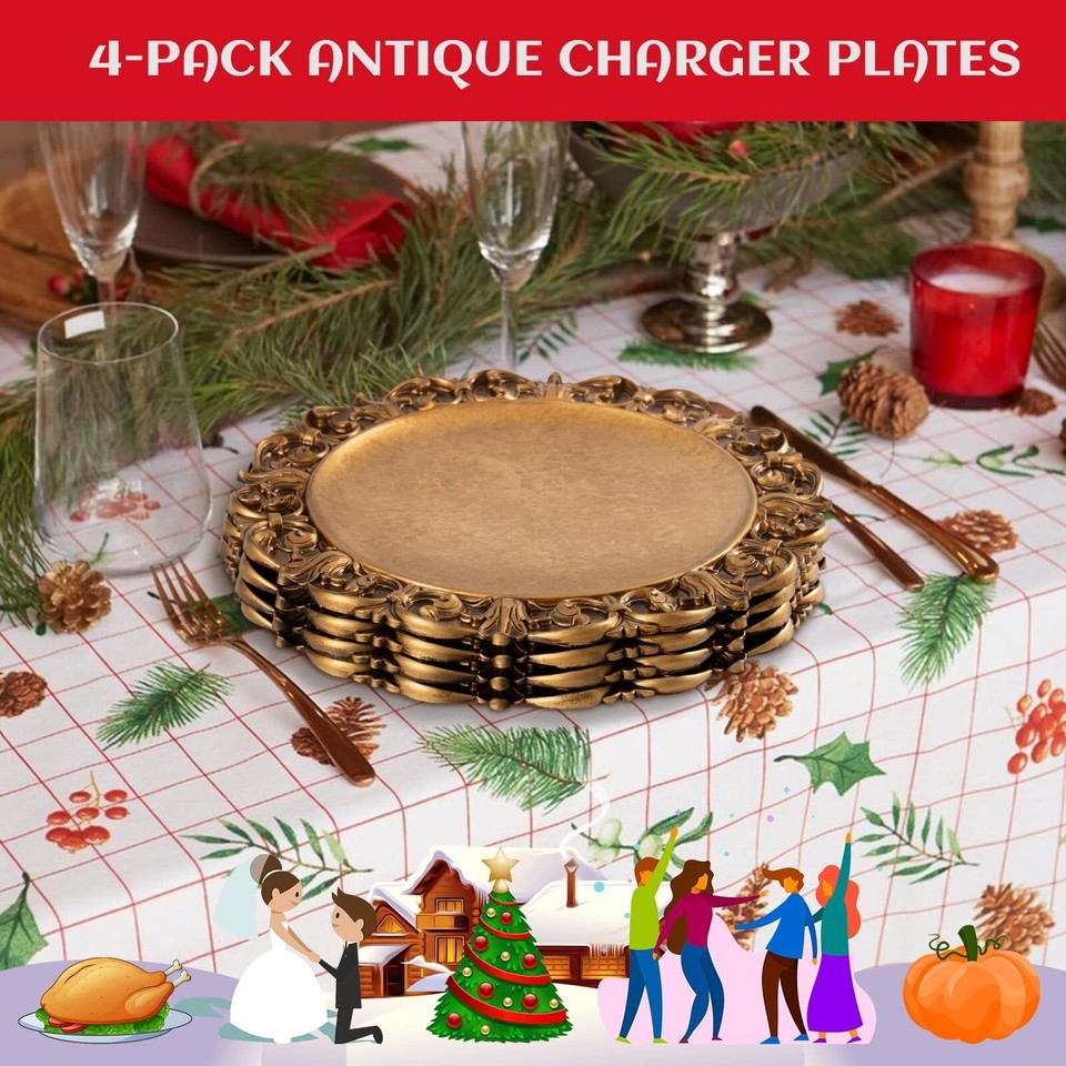 13" Antique Gold Charger Plates with Embossed Rims Set of 4 Plastic ...