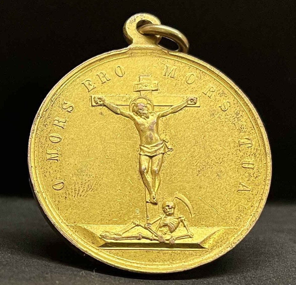 Italy 1900´ Antique Virgin Crucifix Jesus Christ Skeleton "O MORS ERO ...