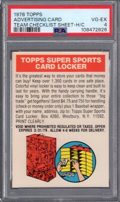 1978 Topps ADVERTISING CARD Team Checklist Sheet H/C PSA 4 Tough! POP 2 ...