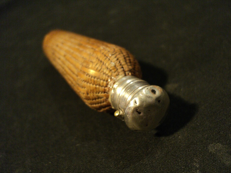 RARE FRENCH ANTIQUE GLASS PERFUME / SCENT BOTTLE, RATTAN COVER ...