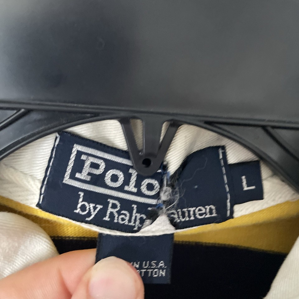 Polo Ralph Lauren Mens Polo Shirt Blue Yellow Stripe Rugby L Cotton VTG ...