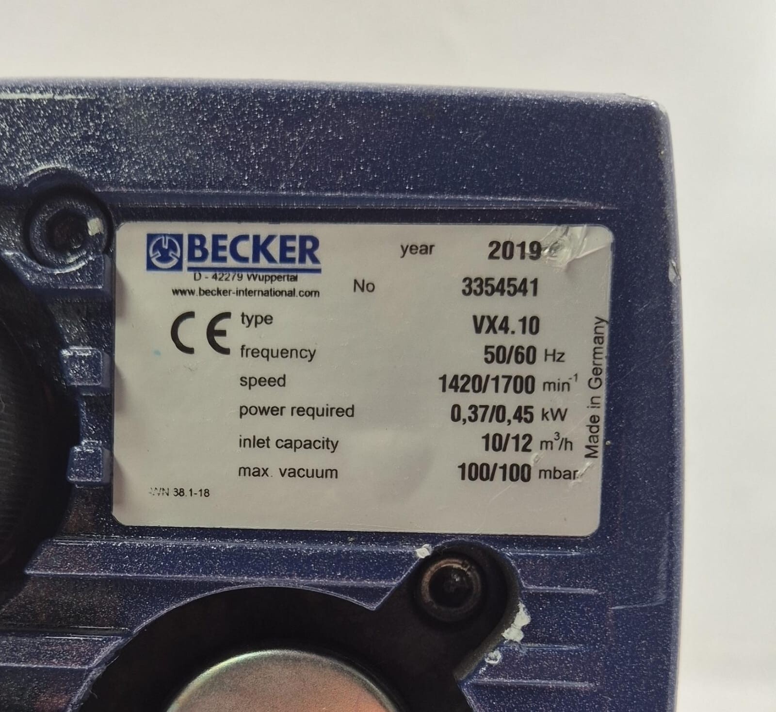 BECKER VX 4.10 Rotary Vane Vacuum Pump 0.37/0.45 Kw *2019* / EMOD 71L/4 ...