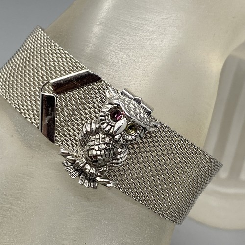 Sarah Coventry Bracelet Silver Tone Mesh Chain Owl Fold Over Clasp