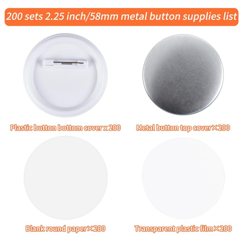 200 Sets 58mm/2.25 inch Button Maker Supplies, Pin Back Button Parts ...