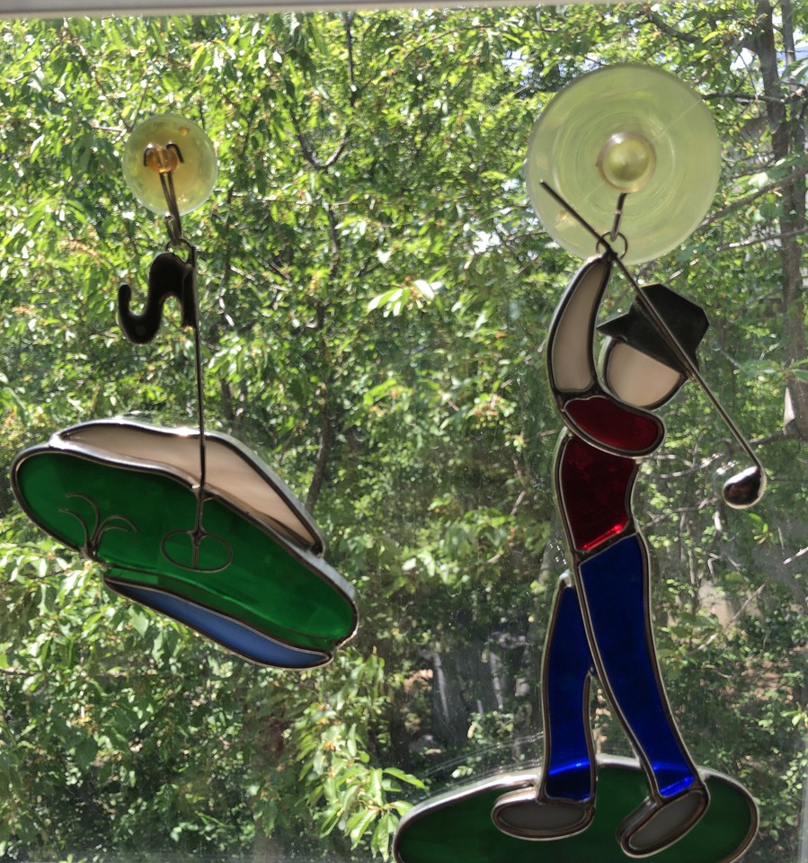 Vintage Stained Glass Golfer Swinging Away & Green ,Flag Waiting ...