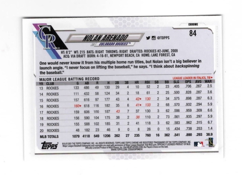 2021 Topps Chrome #84 Nolan Arenado Mint | eBay