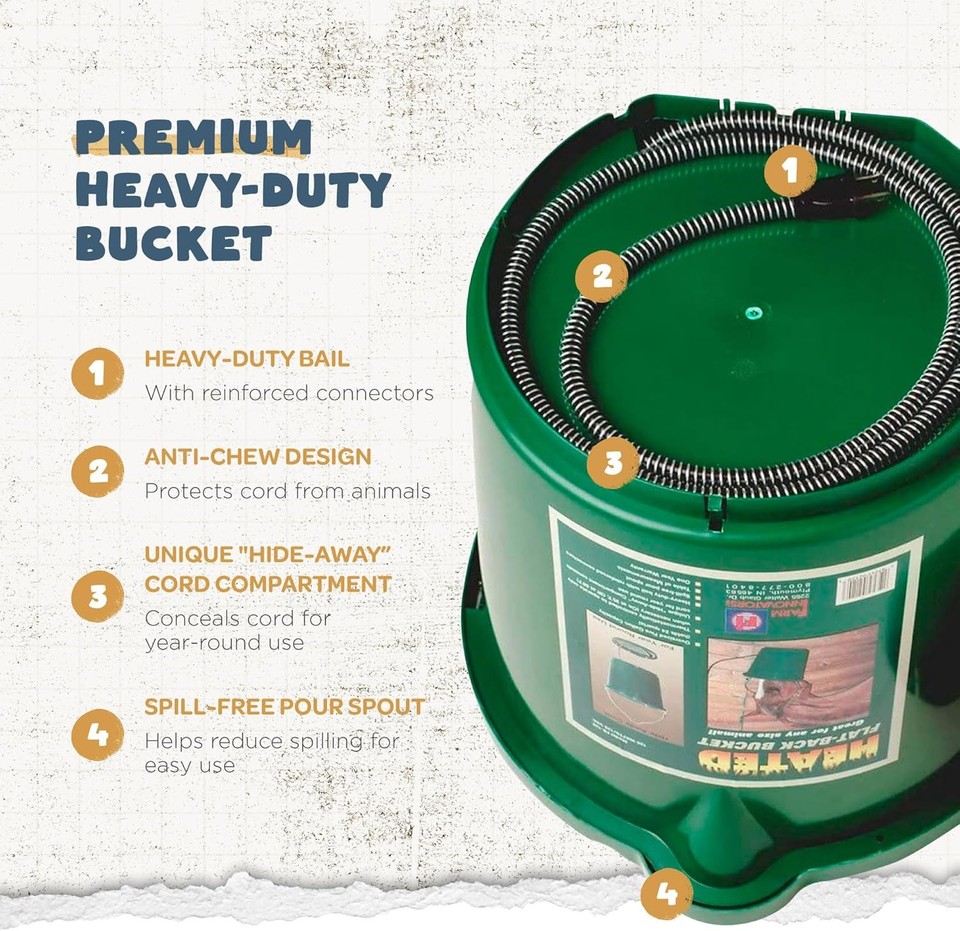 Farm Heated Water Bucket, 120W Heating Power - Flat Back 5 Gallon ...
