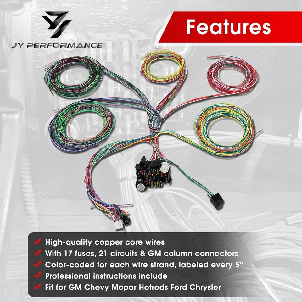 Universal 21 Circuit Wiring Harness Kit Extra Long Wire Standard Color ...