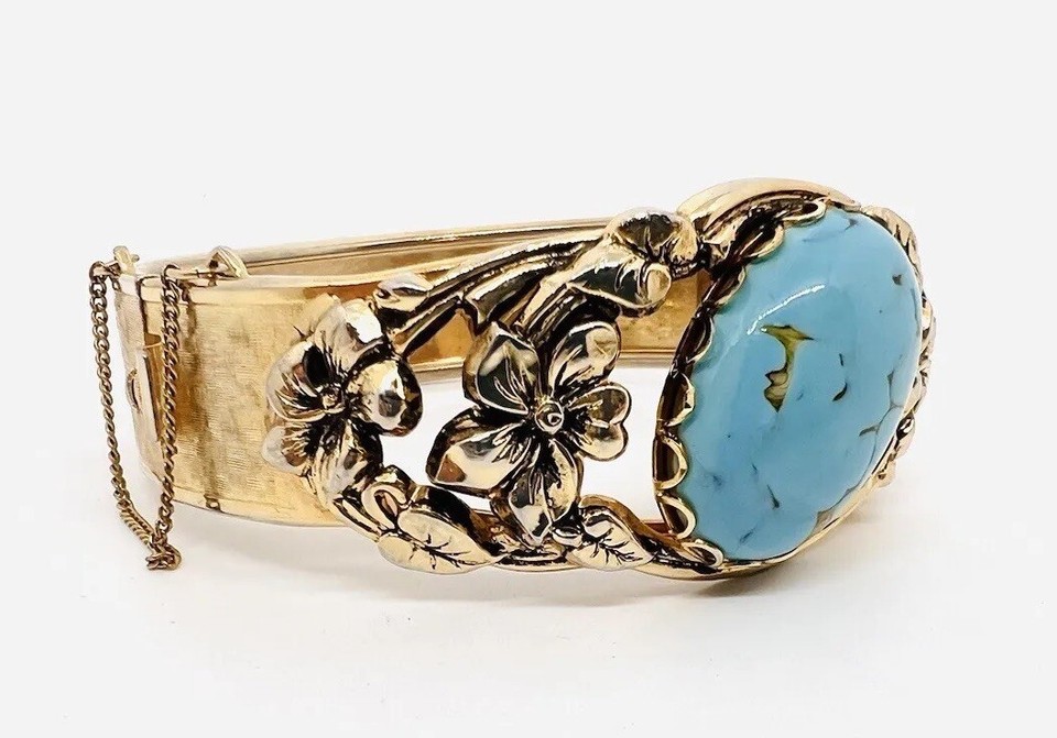Wide Ornate Czech Hubbell Glass Floral Embossed Bangle Bracelet Vintage ...