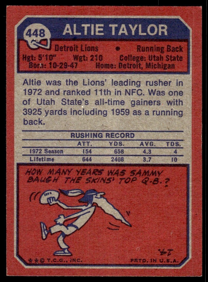 1973 TOPPS ALTIE TAYLOR DETROIT LIONS #448 | eBay