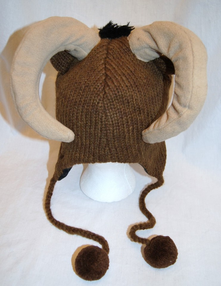 LONGHORN SHEEP HAT knit ADULT ram cap dodge costume mountain goat brown ...