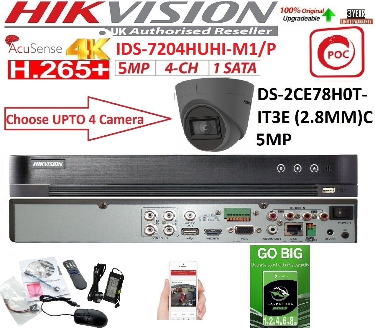 4K HIKVISION 4 CHANNEL DVR POC SYSTEM, 5MP POC DOME CAMERA DS-2CE78H0T ...