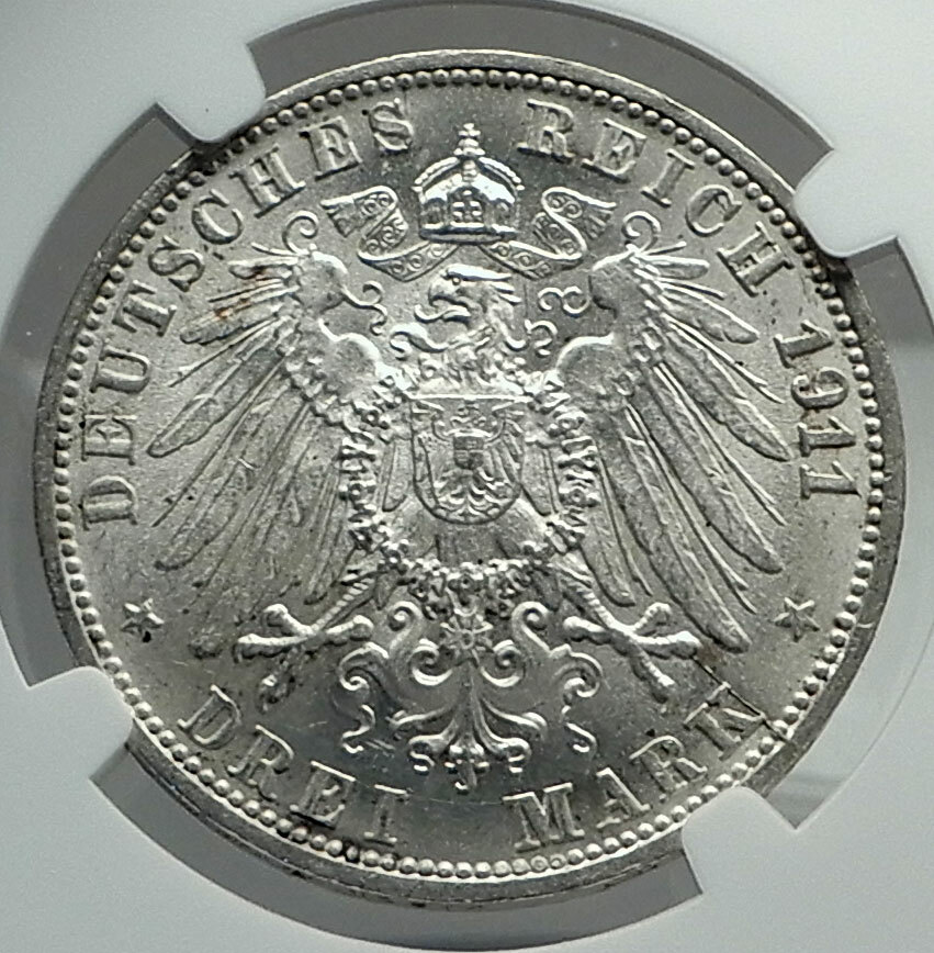 1911 GERMANY German State King Wurttemburg Silver 3 Mark Coin NGC MS 64 ...