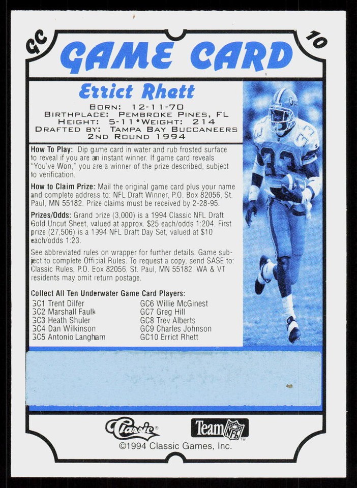 1994 Classic NFL Draft Errict Rhett #GC10 Football Tampa Bay Buccaneers ...