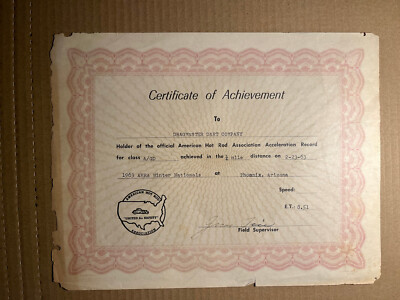 ORIGINAL1963 AHRA RECORD CERTIFICATE FOR DRAGMASTER DART-JIM NELSON SEE ...
