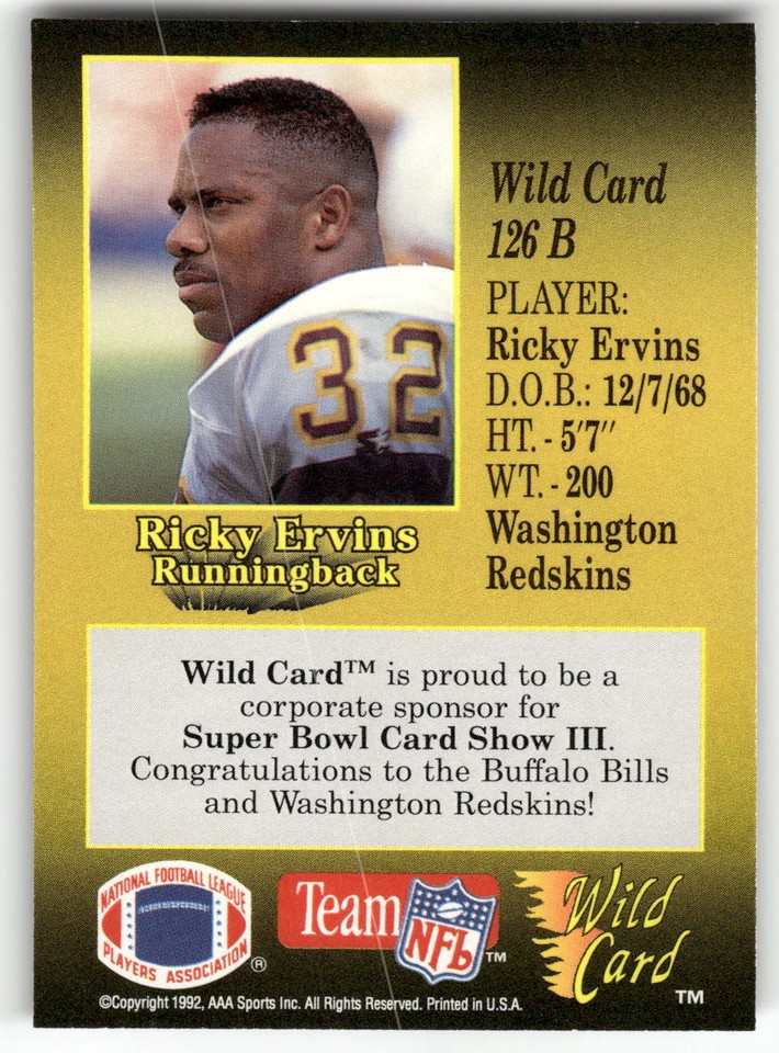1991 Wild Card NFL Experience Exchange #126B Ricky Ervins Washington ...