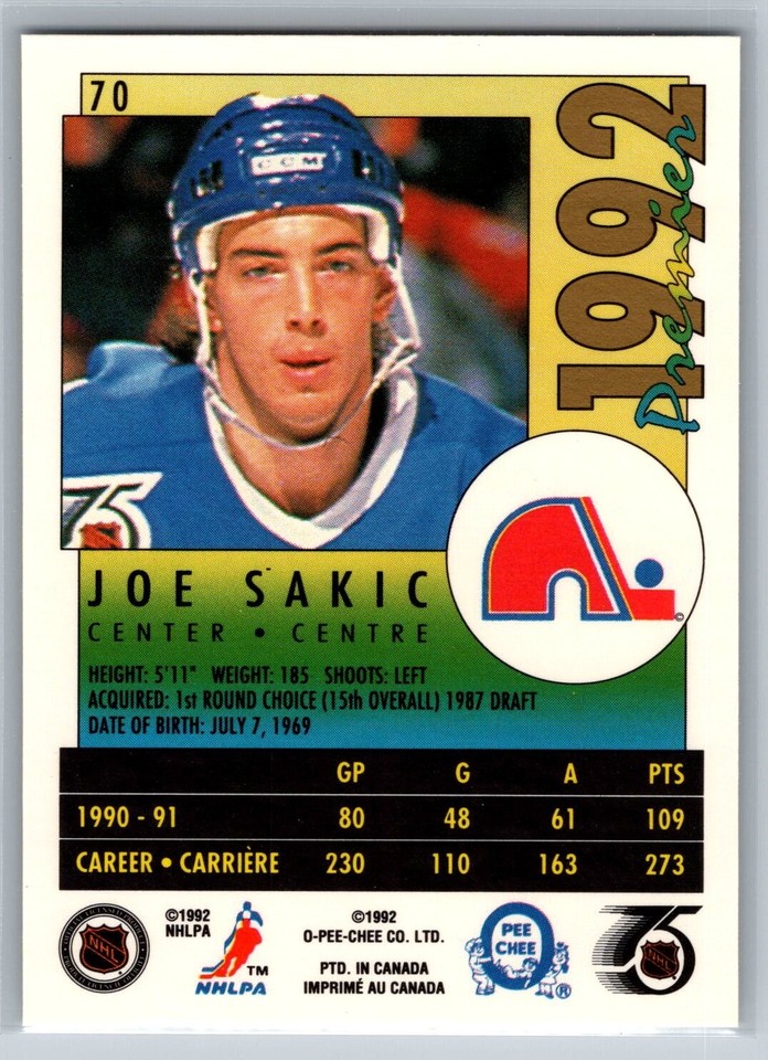 1991-92 O-Pee-Chee Premiere #70 - Joe Sakic - Quebec Nordiques | eBay
