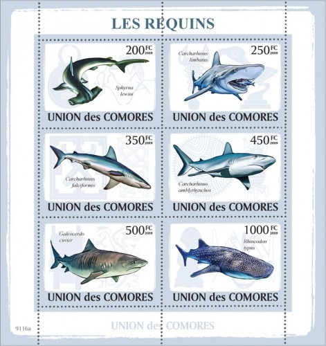 Sharks Marine Life fish fishes Comoros Comores 2009 m/s Mi.2156-61 MNH ...