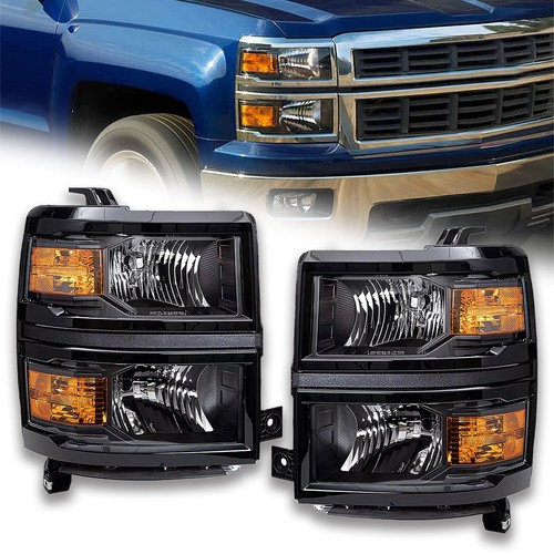 Black Trim Fits 2014-2015 Chevy Silverado 1500 Clear Headlights Lamps L ...