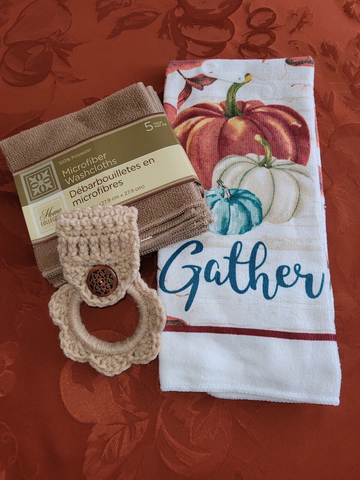 "Gather" Fall Kitchen Towel, 5 Washcloths, and Crocheted Towel Ring ...
