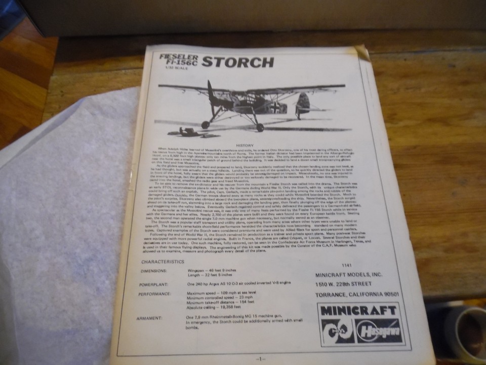 Minicraft Hasegawa #1141 1/32nd scale Rommel's Storch Fieseler FI 156C ...