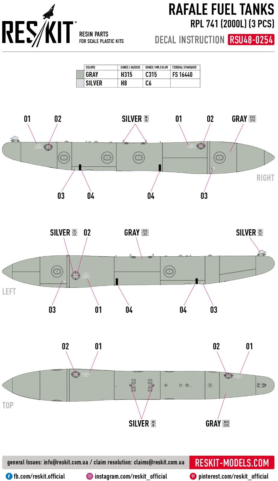ResKit RSU48-0254 Scale 1 48 Rafale Fuel Tanks RPL 741 (2000L) 3 pcs 3D ...