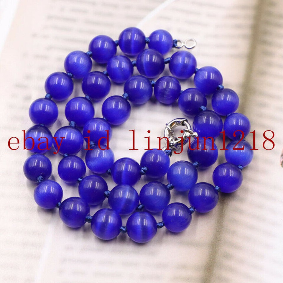 Pretty 10mm Dark Blue Cat's Eye Gemstone Round Beads Necklace 18'' AAA+ ...