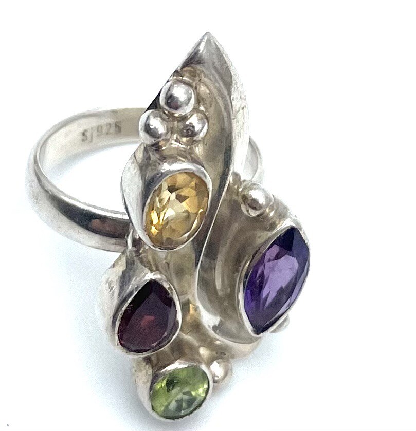 Sterling Silver Designer Signed Sj Ring Asymmetrical Multi Color ...