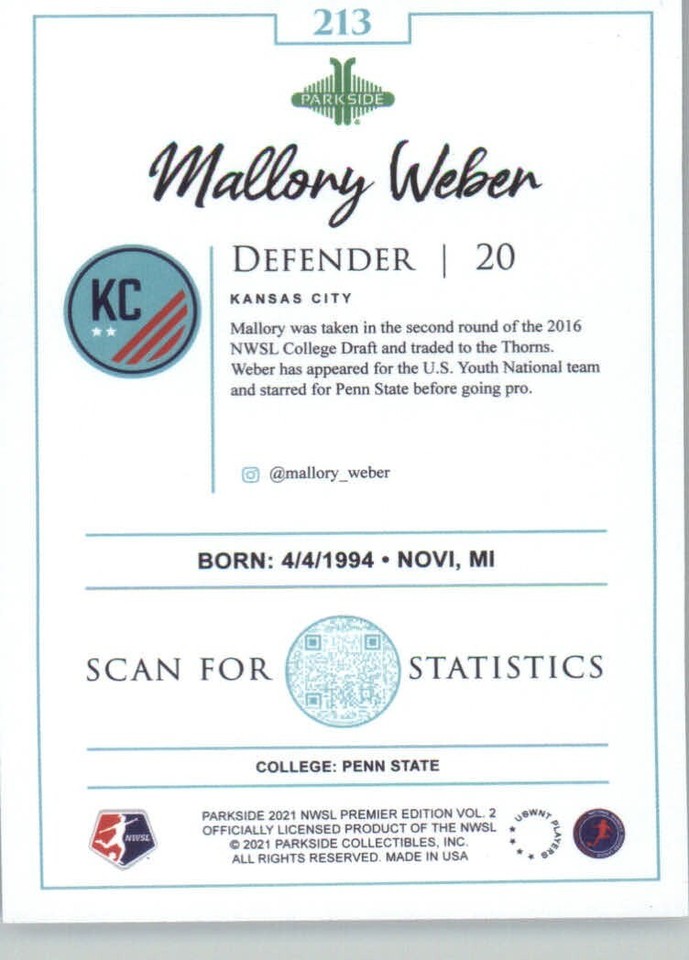 2021 Parkside NWSL RC - #213 Mallory Weber - Kansas City | eBay