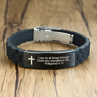 Religious Cross Scripture Christian Men Bracelet Silicone Wristband ...