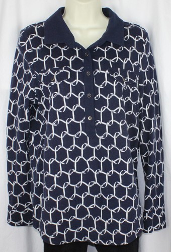 Talbots Shirt Top Blouse Rope Print Belt Lattice Nautical Navy Blue ...