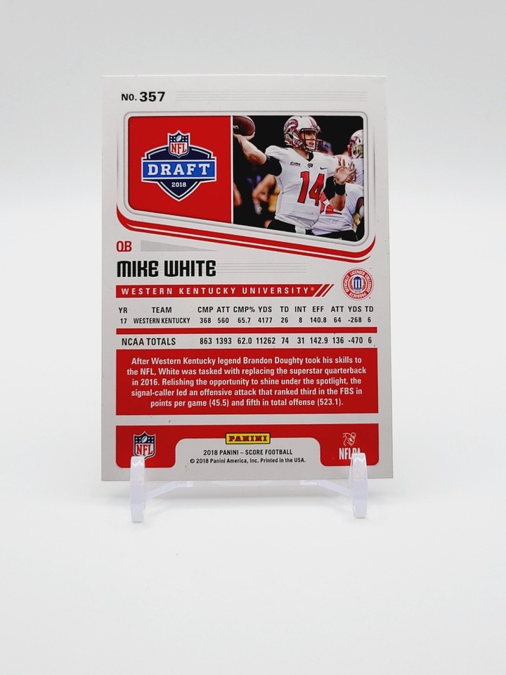 Mike White ROOKIE CARD 2018 Panini Score #357 Western Kentucky / NY ...