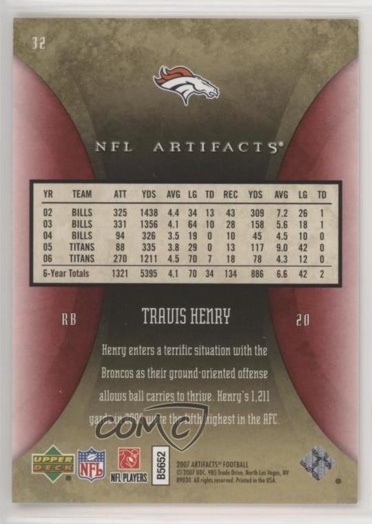 2007 Upper Deck Artifacts Red /99 Travis Henry #32 | eBay