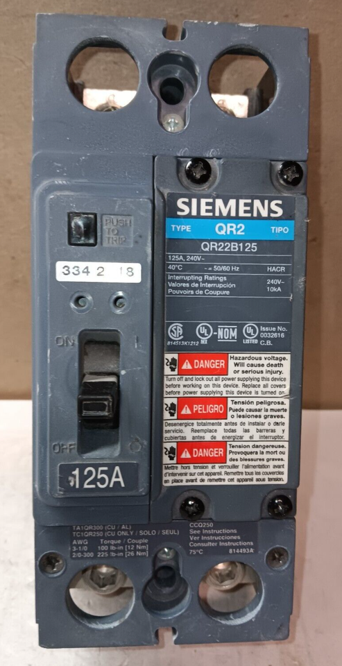 SIEMENS QR22B125 CIRCUIT BREAKER 125 AMP 2 POLE 240 VAC | eBay