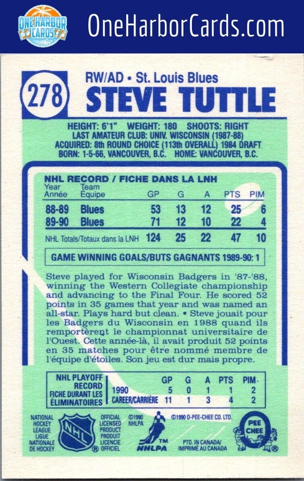 1990 O-Pee-Chee St. Louis Blues Hockey Card #278 Steve Tuttle | eBay