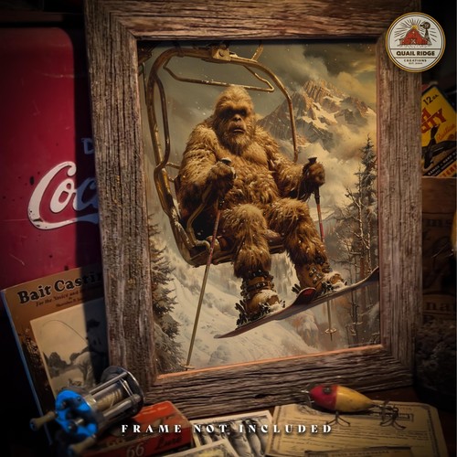 Vintage Sasquatch Bigfoot Art Print Snow Skiing Artwork Ski Lodge Decor ...