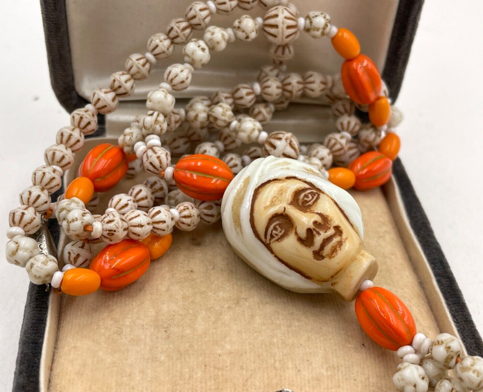 NEIGER ANTIQUE OLD VNTG LNG NECKLACE CARVED GLASS EGYPTIAN MAN IN ...