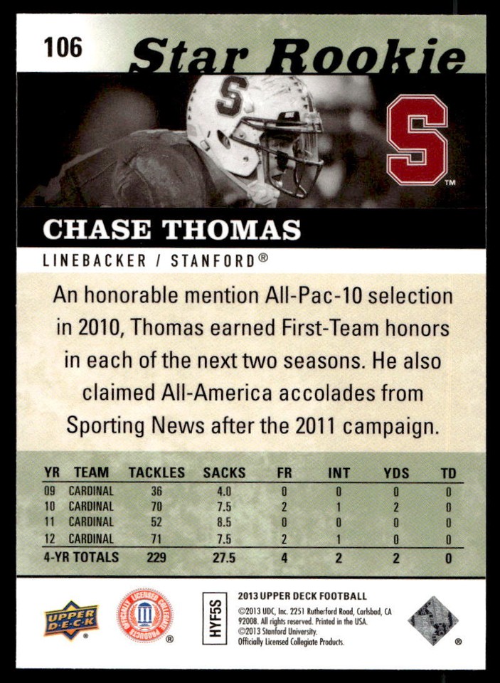 2013 Upper Deck 106 Chase Thomas Stanford Cardinal SR Football Card | eBay