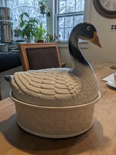 Vtg Goose Covered Casserole Serving Dish Cottage Core Christmas Goose ...