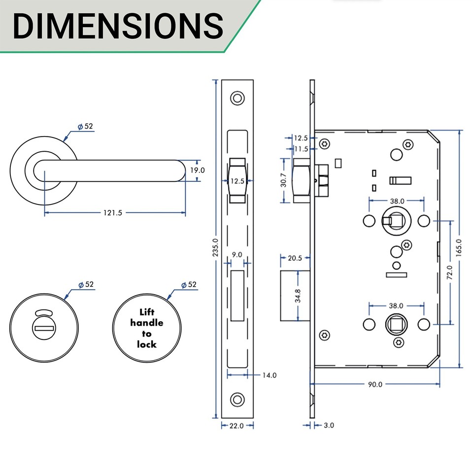 Lift to Lock Lever Handle Set & Lock for Bathroom Toilet Cubicle Doors ...