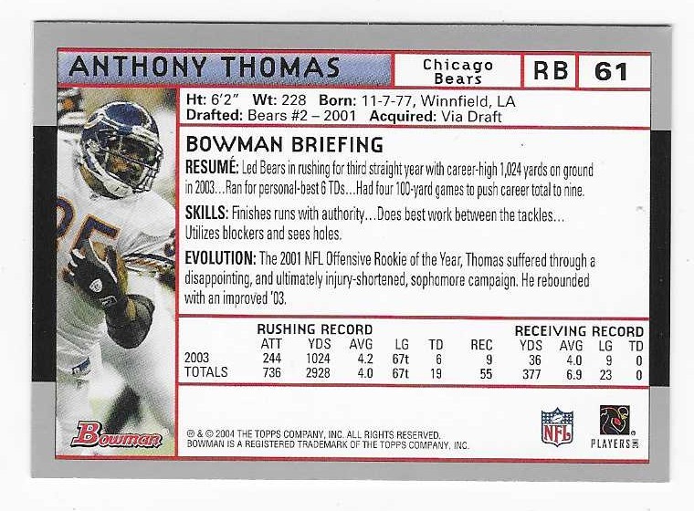 2004 Bowman Anthony Thomas Chicago Bears Football Card #61 | eBay