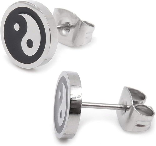 Stainless Steel Yin Yang Post Stud Earrings - 8mm - Silver & Black ...