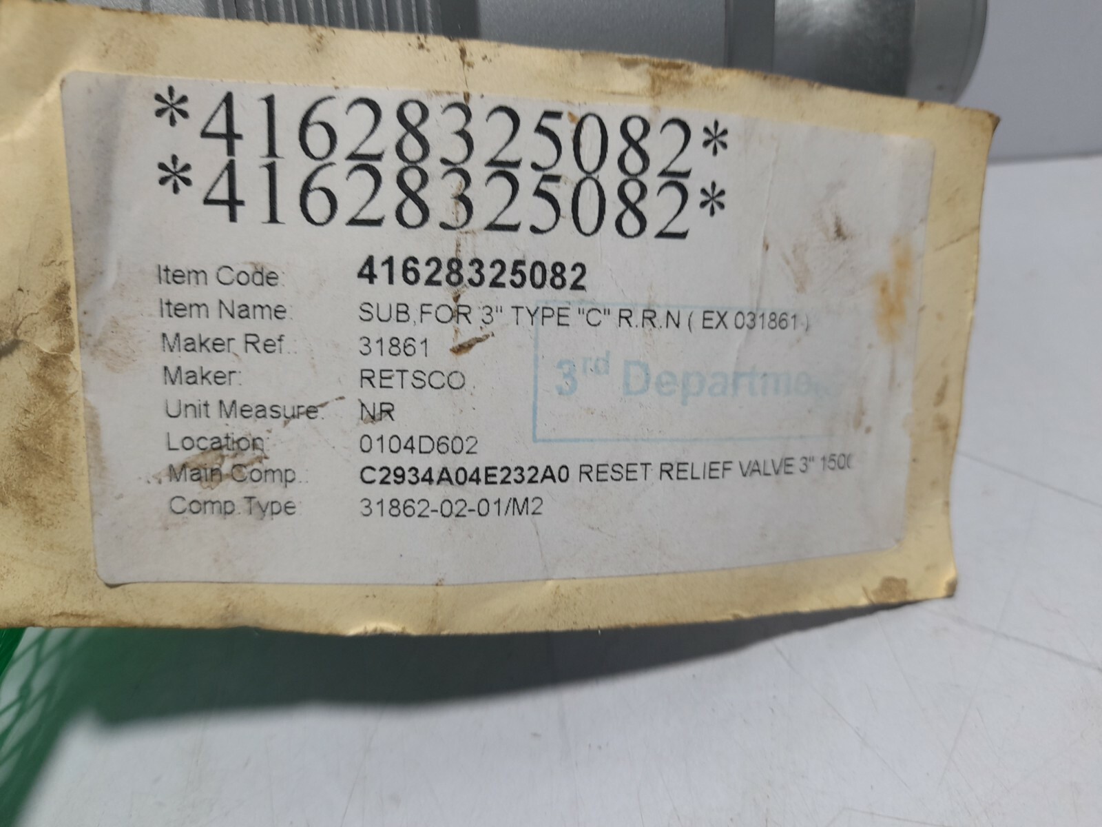 RETSCO 31861 Sub For 3” Type “C” R.R.N EX 031861 Relief Valve | eBay