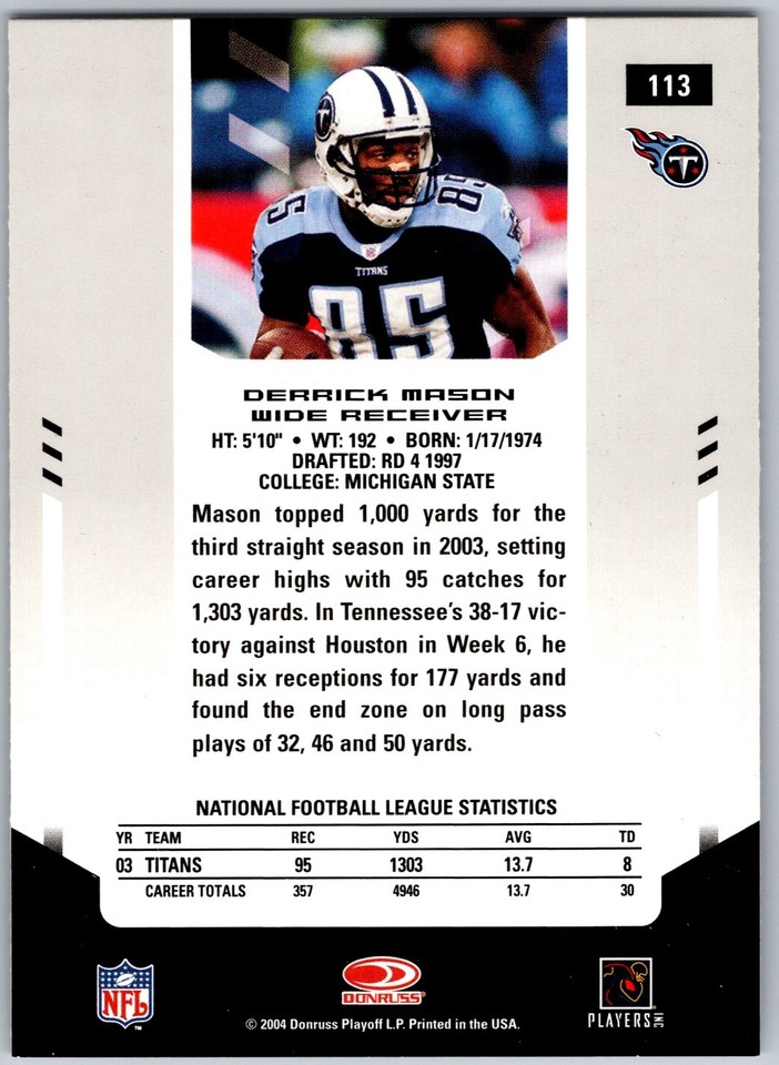 2004 Leaf Certified Materials 113 Derrick Mason Tennessee Titans ...