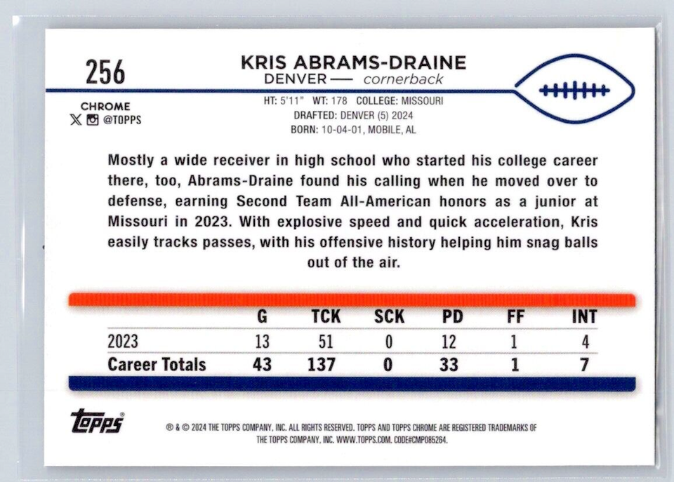 2024 Topps Chrome Football - Kris Abrams-Draine - Denver Broncos - RC ...