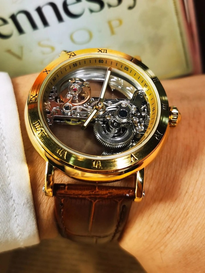 Vintage Mechanical Golden Bridge Skeleton Automatic Mens Watch Luxury ...
